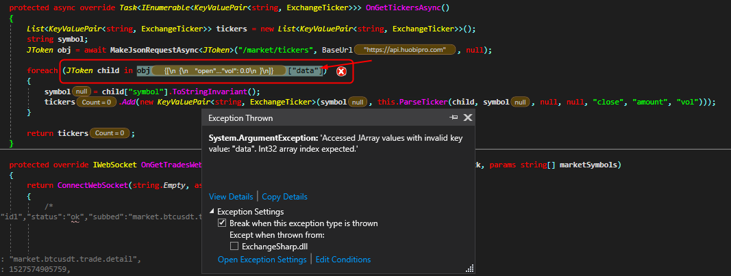 ExchangeHuobiAPI.OnGetTickersAsync() - System.ArgumentException: 'Accessed JArray values with ...