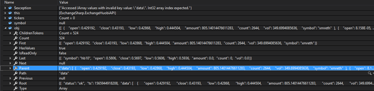 ExchangeHuobiAPI.OnGetTickersAsync() - System.ArgumentException: 'Accessed JArray values with ...