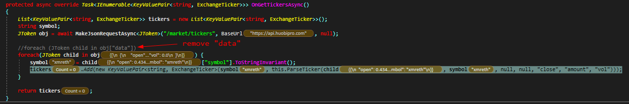 ExchangeHuobiAPI.OnGetTickersAsync() - System.ArgumentException: 'Accessed JArray values with ...