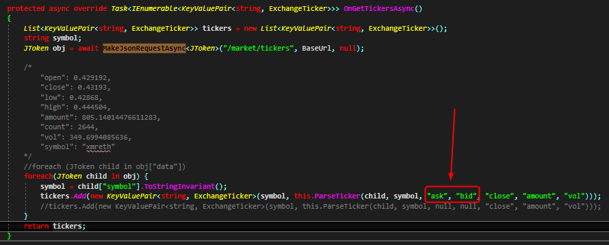 ExchangeHuobiAPI.OnGetTickersAsync() - System.ArgumentException: 'Accessed JArray values with ...