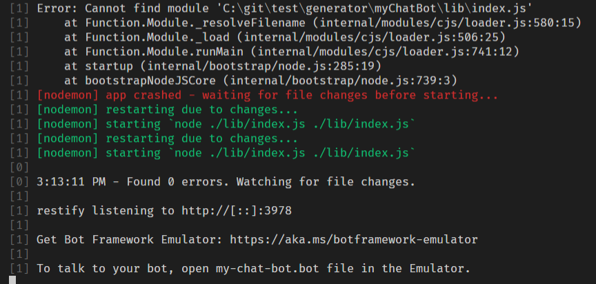 Watch script in generators and samples errors on first run · Issue #980 · microsoft/BotBuilder ...