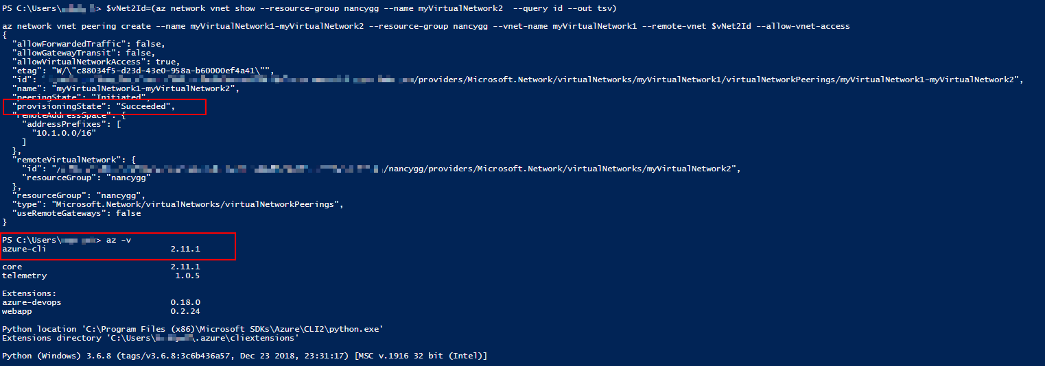 “az network vnet peering create” results in “BadRequestError: Cannot ...