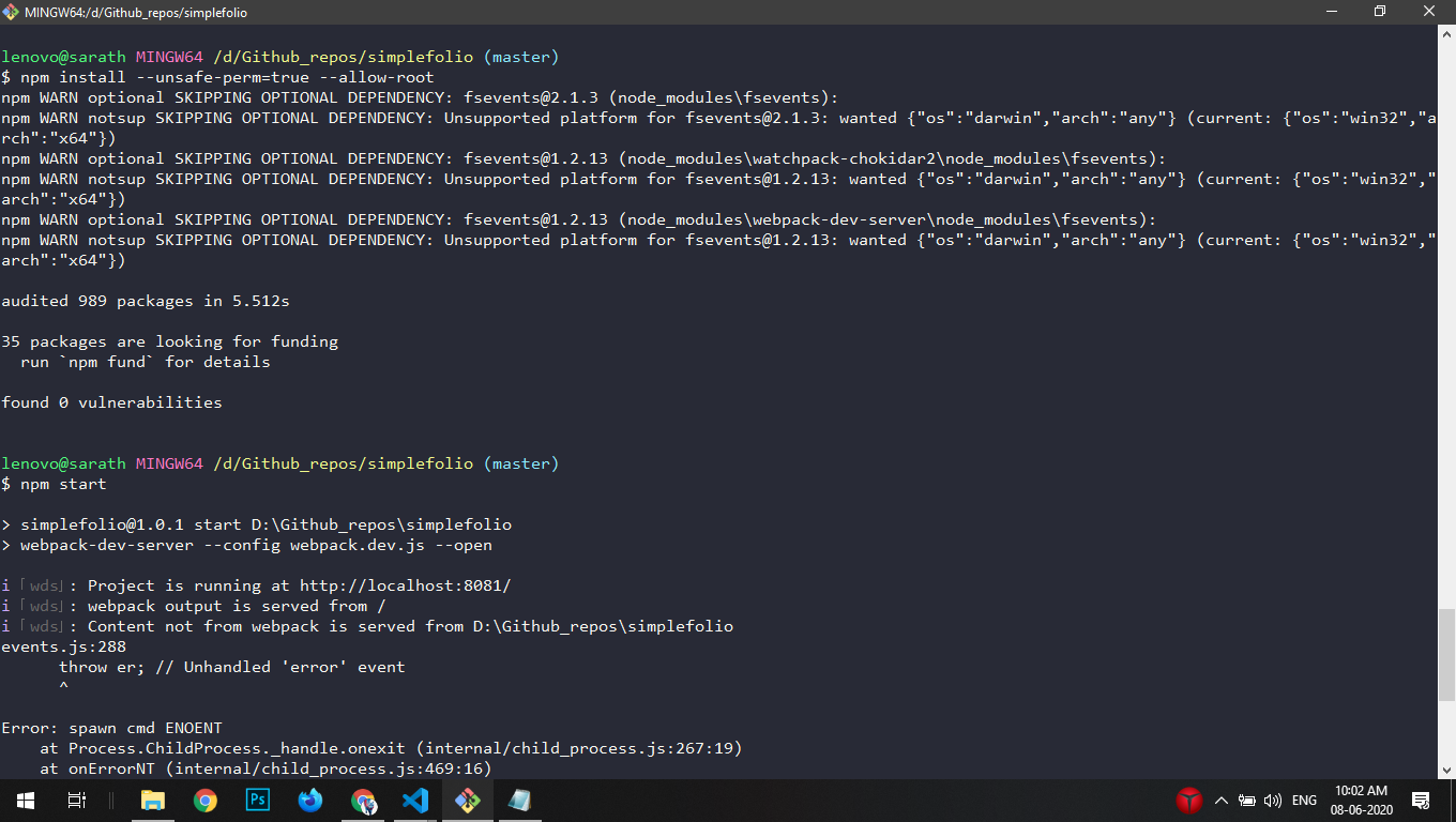Optional dependency skipping and npm start error. · Issue #37 · cobiwave/simplefolio · GitHub