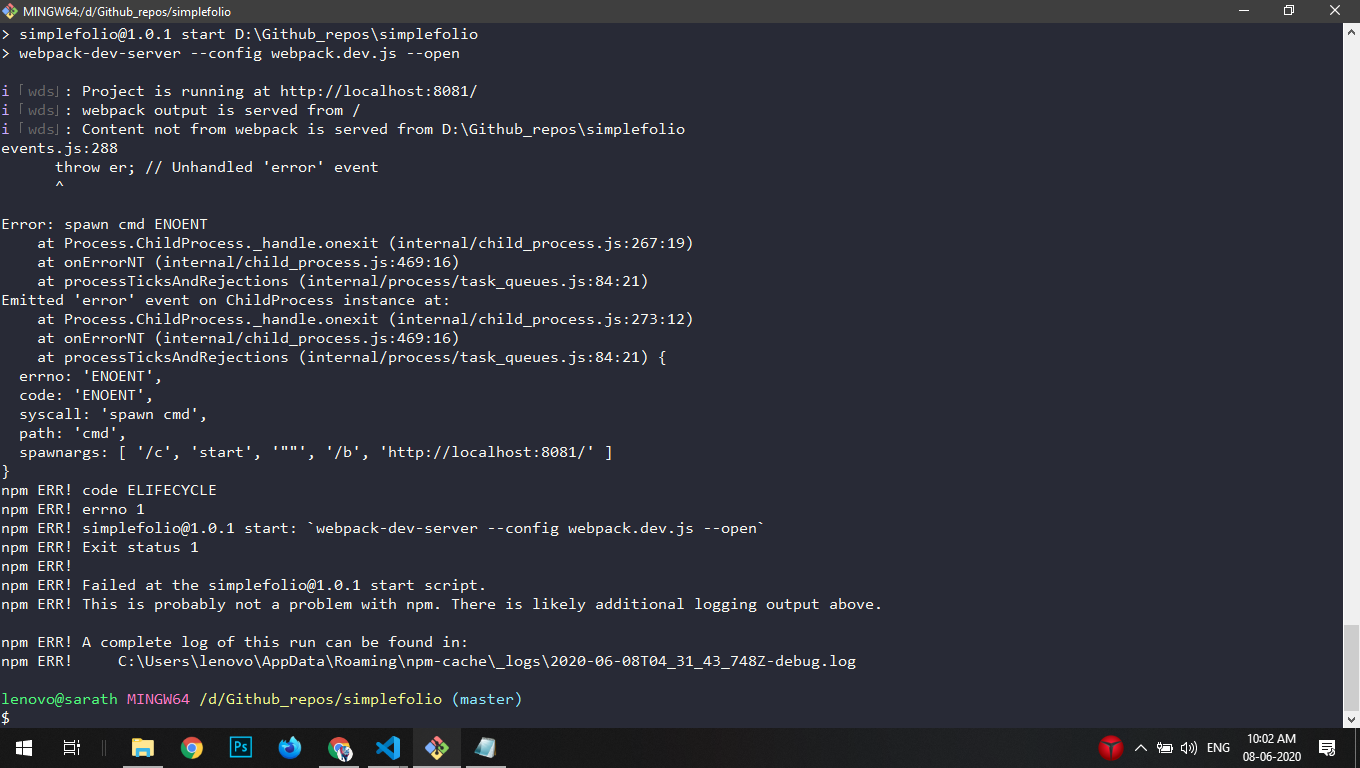 Optional dependency skipping and npm start error. · Issue #37 · cobiwave/simplefolio · GitHub