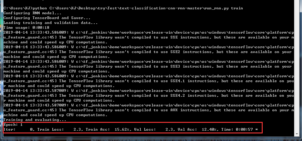 您好，运行run_run.py文件时，只显示了第一行然后就没有任何结果被打印出来，怎么回事？麻烦您了 · Issue #113 · gaussic/text-classification ...