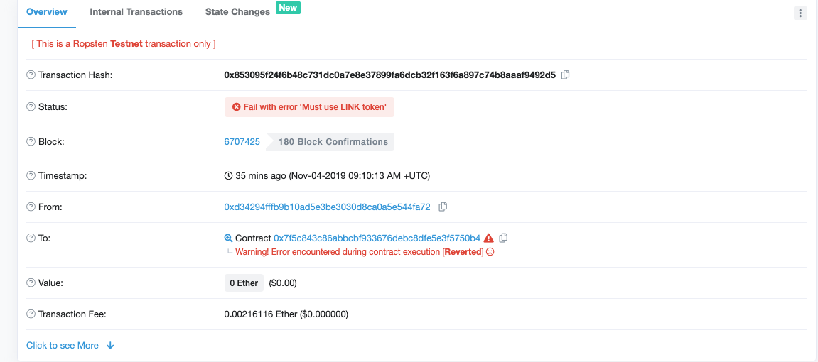 Fail with error 'Must use LINK token' · Issue #1848 · smartcontractkit/chainlink · GitHub