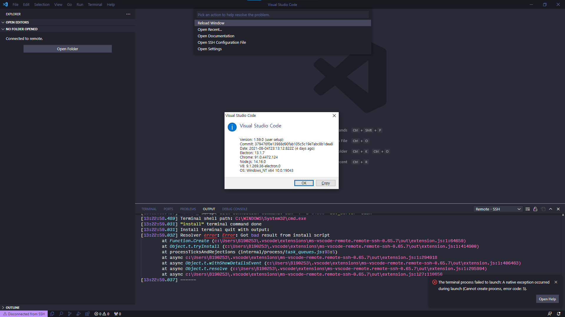 Unable to open new session with remote (SSH) connection · Issue #5346 ...