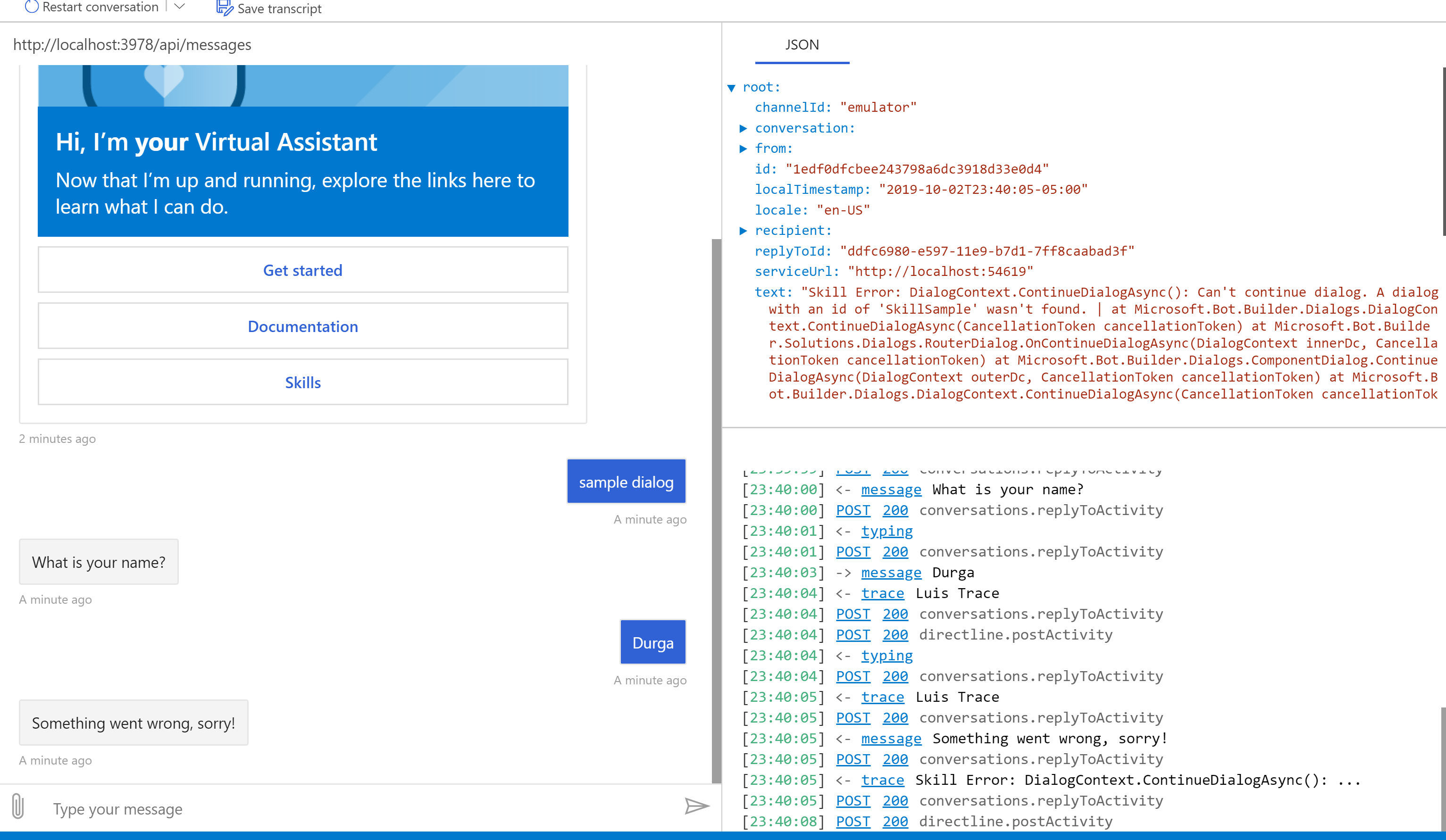 VirtualAssistant - Unable to Connect to Skill - "Skill Error: DialogContext.ContinueDialogAsync ...