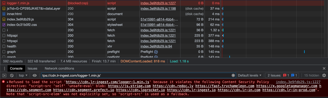 Blocked Request For Logger 1 Min Js Coming From Logrocket Because Csp Is Not Mentioning Cdn Lr