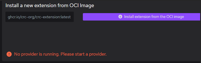 Unable to install OpenShift Local extension due to missing podman environment to pull/extract ...