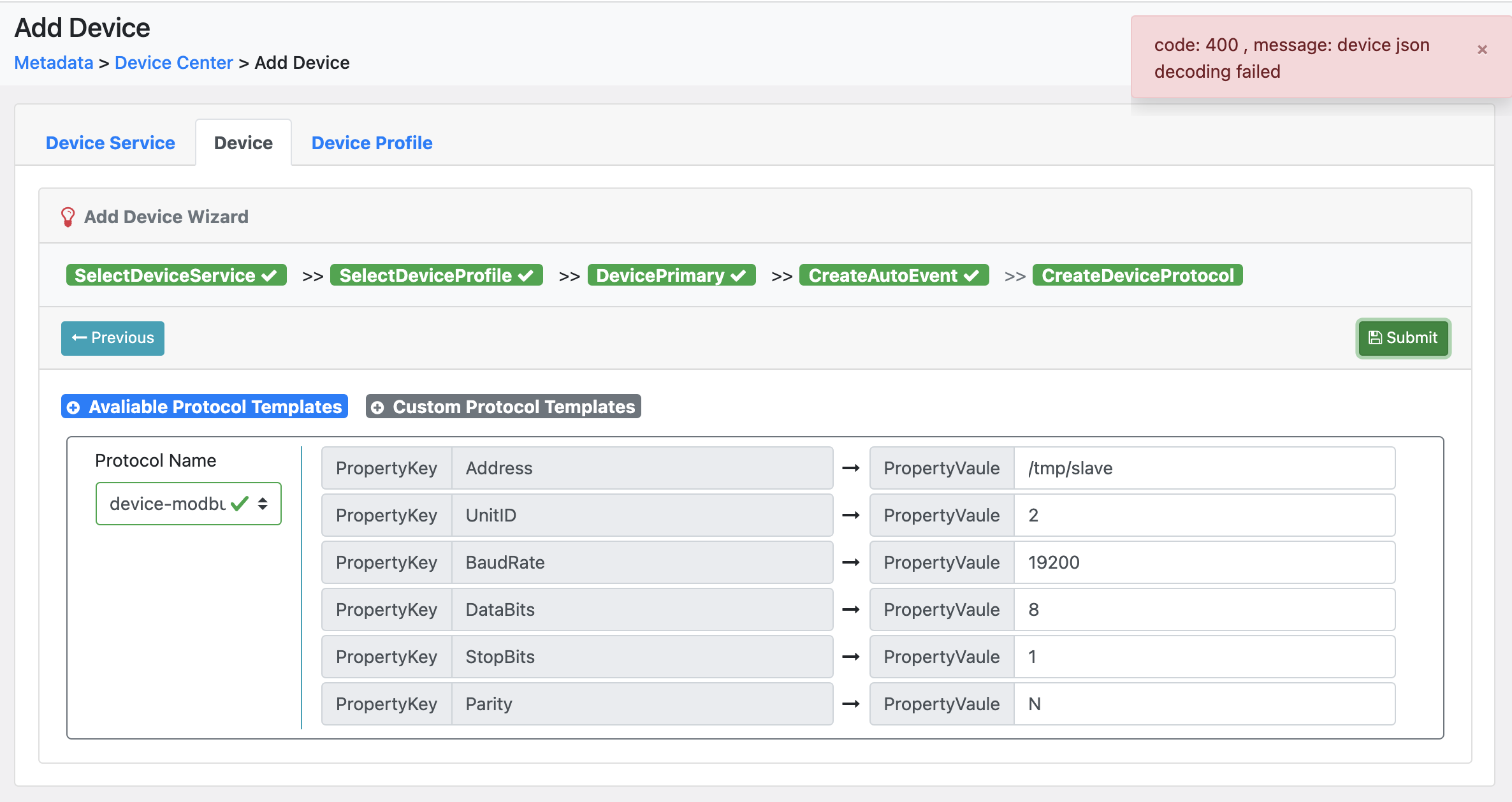 CreateDeviceProtocol for RTU Error code: 400 , message: device json decoding failed · Issue #289 ...