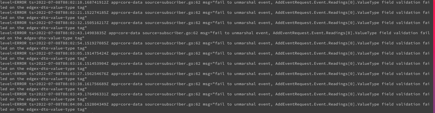 fail to unmarshal event, AddEventRequest.Event.Readings[0].ValueType field validation failed on ...