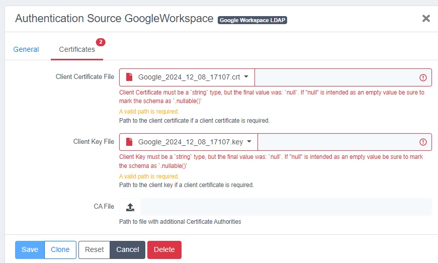 Authentication Source Configuration Ldap Errors Certificate Uploading Issues · Issue