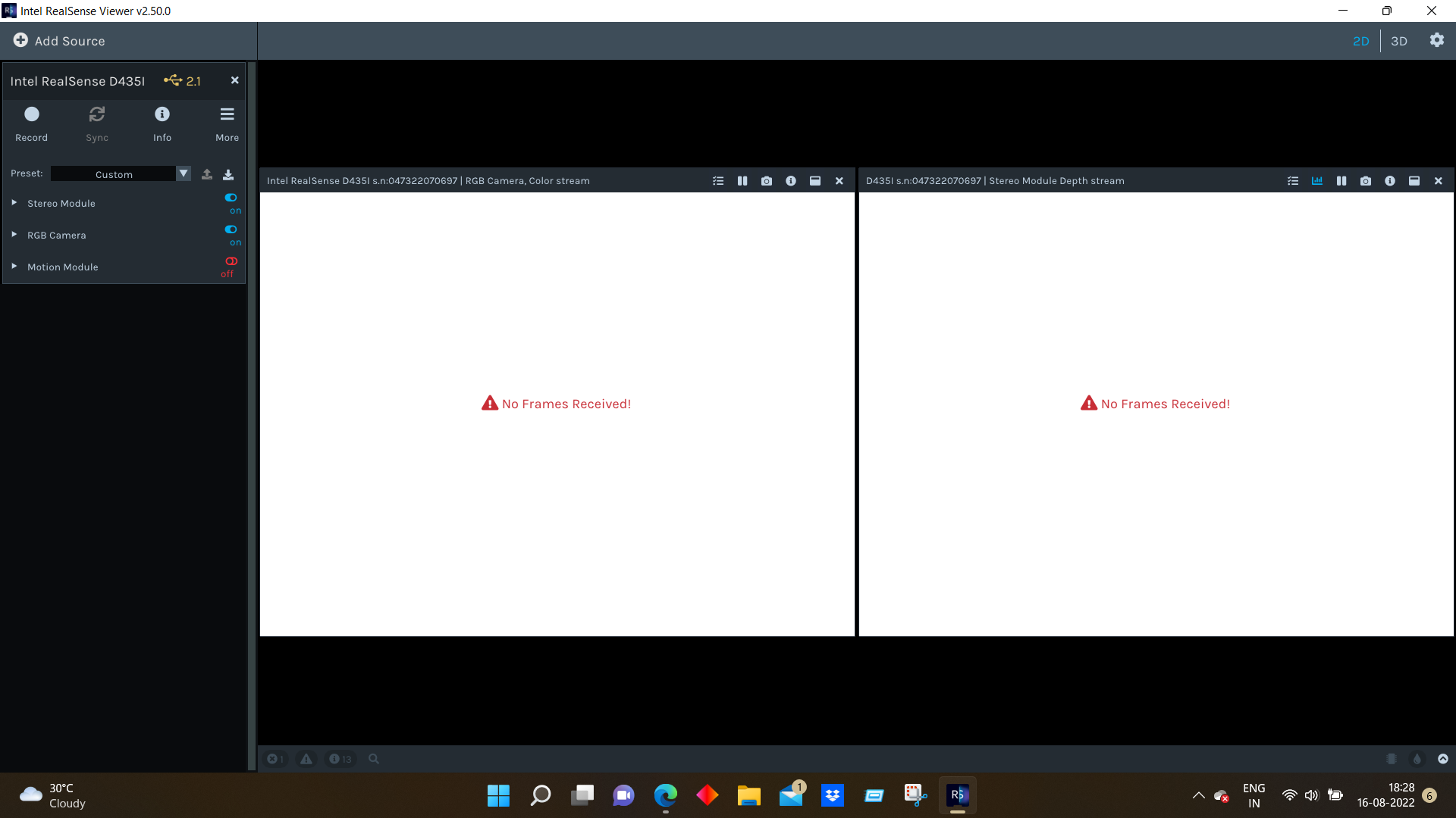 No Frames Recieved in INTEL Real Sense D435i. · Issue #10785 · IntelRealSense/librealsense · GitHub