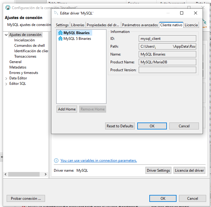 The native client driver is not downloaded Mysql_binaries mysql client with version 8.0.19 ...