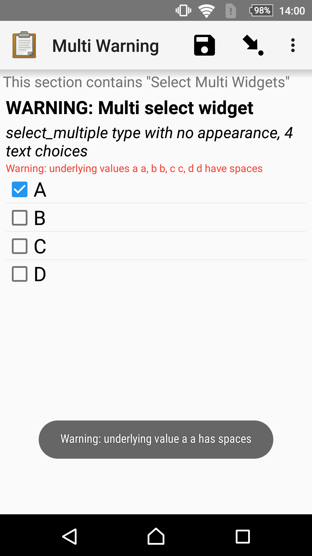 Remove toast with a warning about spaces in underlying values for multi select widget · Issue ...