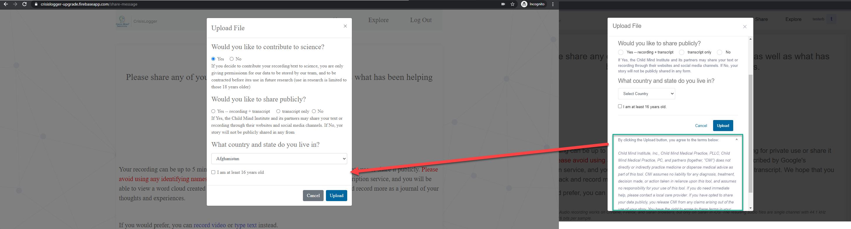 The agreement to the terms section is missing on the "Upload File" pop ...