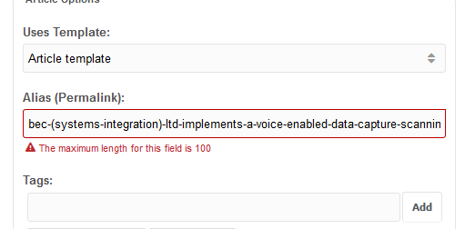 Articles alias field is limited to 100 characters: The maximum length for this field is 100 ...