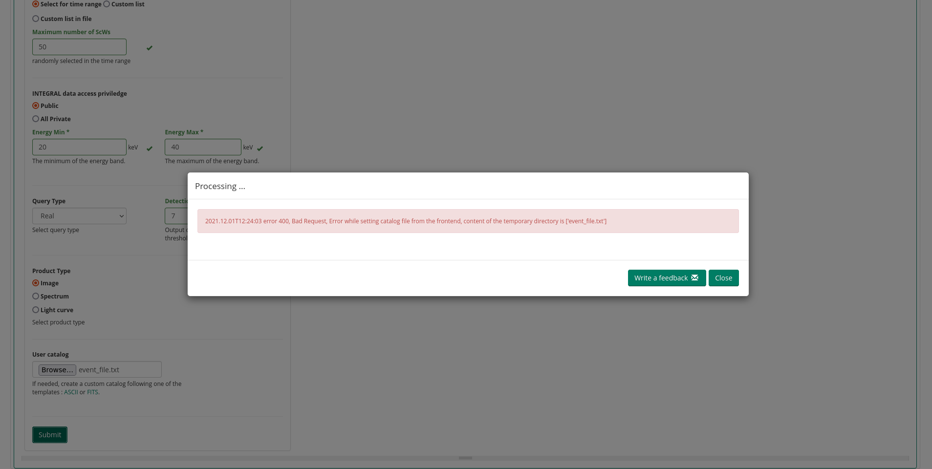 Error while setting input scw_list file from the frontend, content of the temporary directory is ...