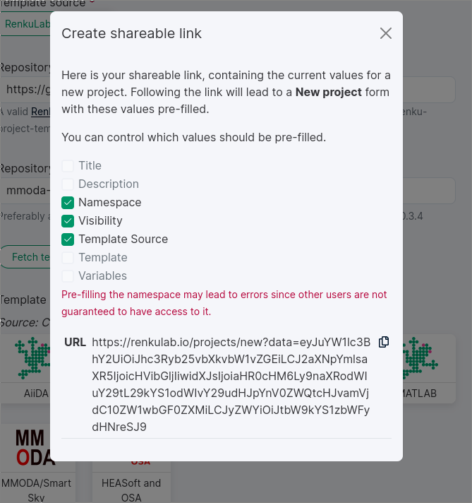 links for creating renku project with prefilled template, namespace, visibility do not work ...