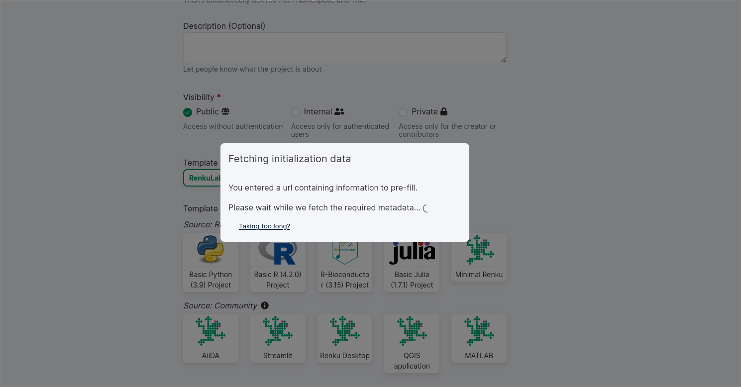 links for creating renku project with prefilled template, namespace, visibility do not work ...