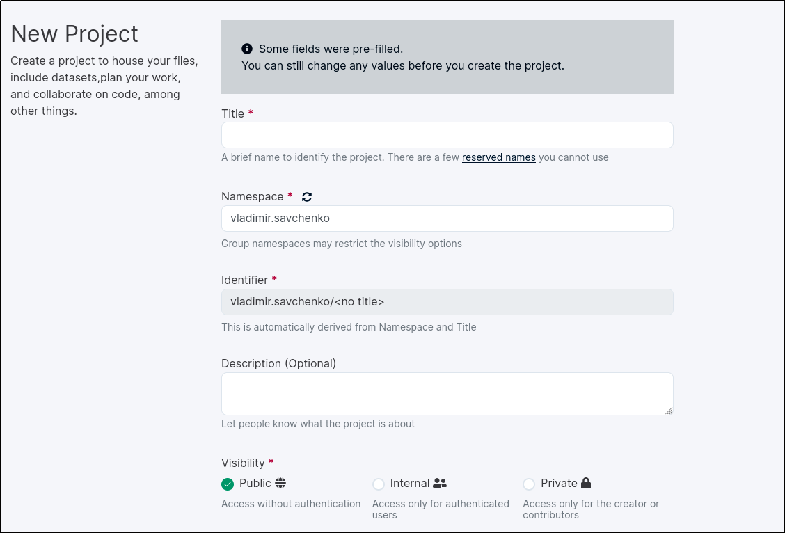 links for creating renku project with prefilled template, namespace, visibility do not work ...