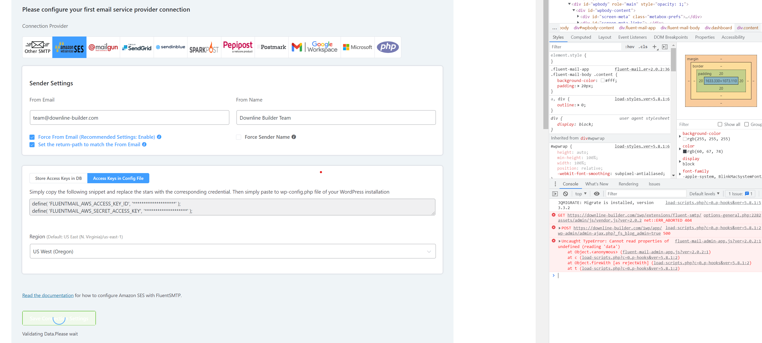 Amazon SES - Save Connection Settings gets stuck on "Validating Data. Please wait" · Issue #60 ...