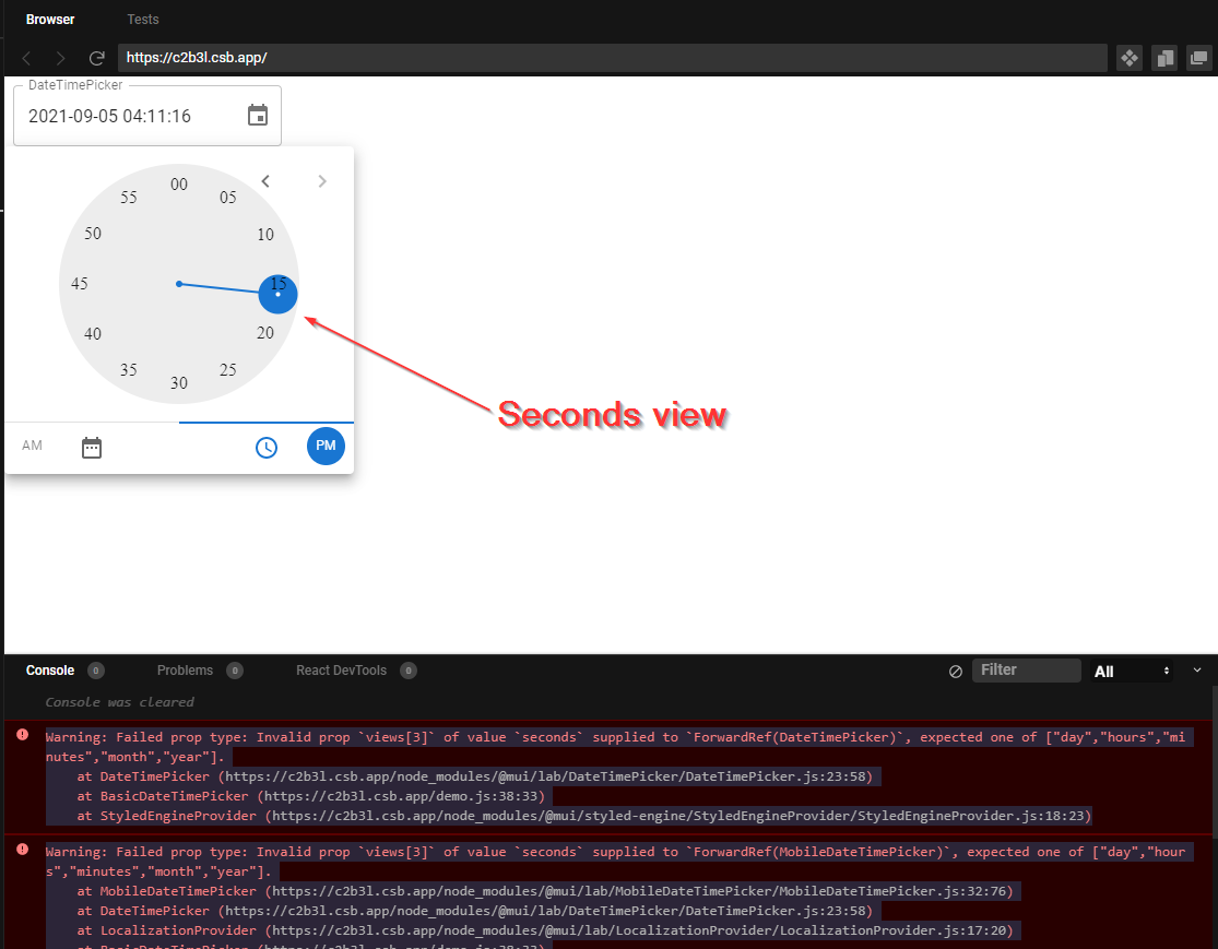 Datetimepicker Failed Prop Type Invalid Prop `views 3 ` Of Value `seconds` Supplied To