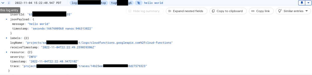 logging: redirectAsJson adds extra timestamp · Issue #6995 · googleapis/google-cloud-go · GitHub