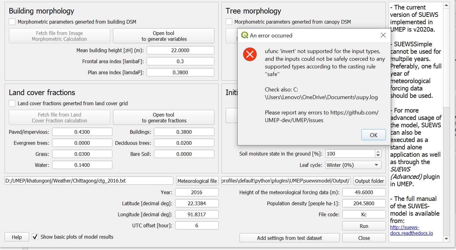 I get this error while I try to run the SUEWS Simple model_ I prepared Meteorological Data using ...