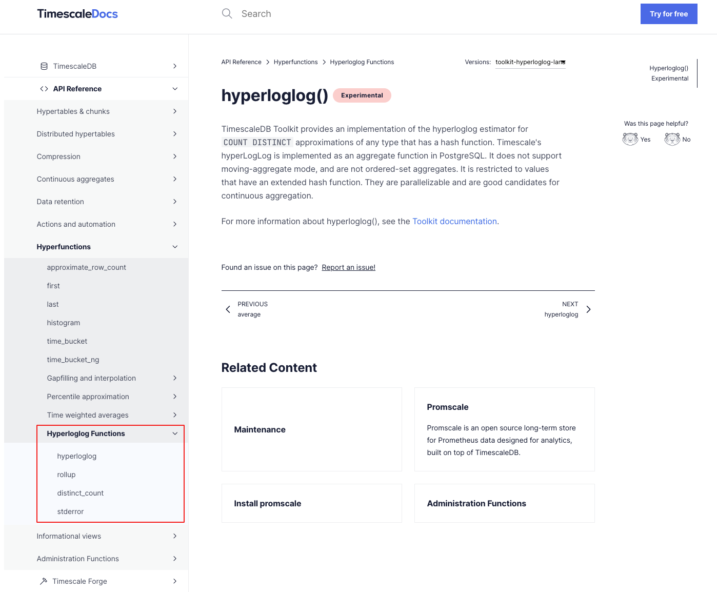 Toolkit - hyperloglog content by Loquacity · Pull Request #471 · timescale/docs · GitHub