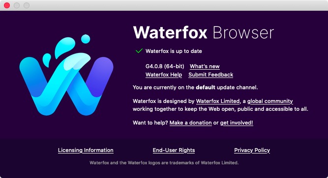 Waterfox update (4.1.0) doesn't show up in the Help. It shows only 4.0.8 and claim to be updated ...