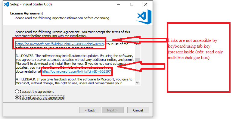 [Accessibility]A11y_VSCode_VSCLicenseAgreement_Keyboard: All the Links are not accessible by ...