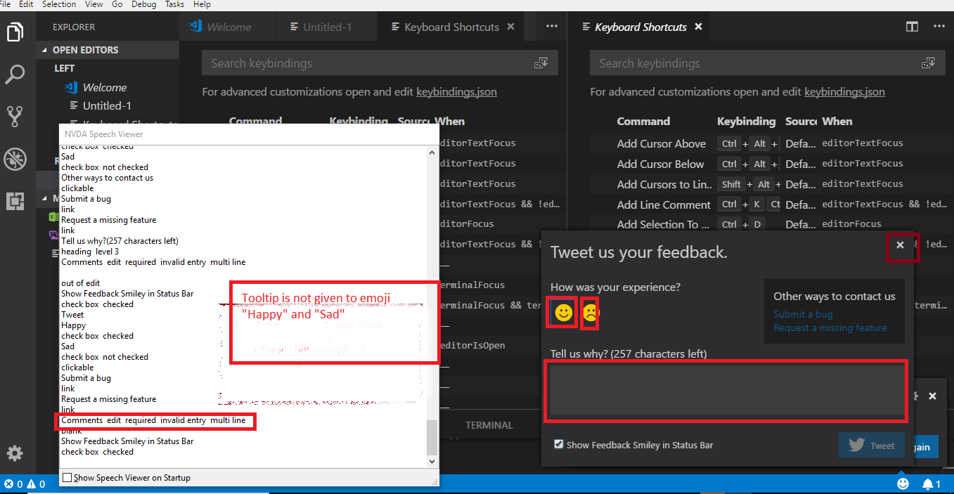 [Accessibility]A11y_VSCode_Feedback_Keyboard:Tooltip is not given for the emoji "Happy" and "Sad ...