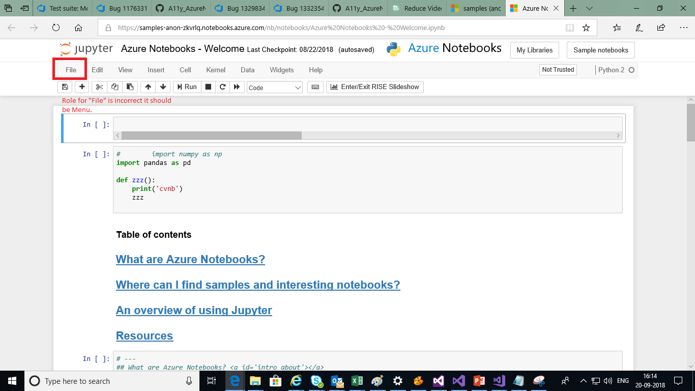 A11y_AzureNotebooks_Jupyter_MenuBar_Inspect: Role for Some of the ...