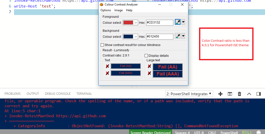 A11y_PowerShellEditorServices_Terminal_ColorContrast : Color Contrast ratio is less than 4.5:1 ...