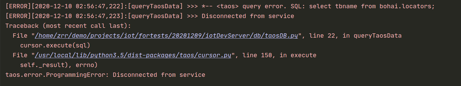taos.error.ProgrammingError: Disconnected from service · Issue #4511 · taosdata/TDengine · GitHub