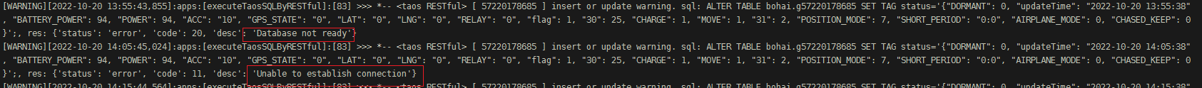 update the tag value error, report: 'Unable to establish connection' or 'Database not ready ...