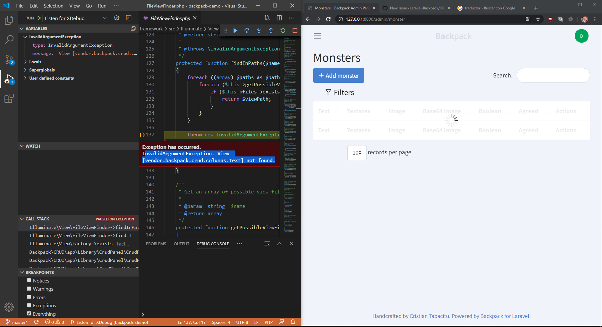 [4.0] Cannot use xDebug - InvalidArgumentException: View [xxx] not found. (on debug, VSC ...