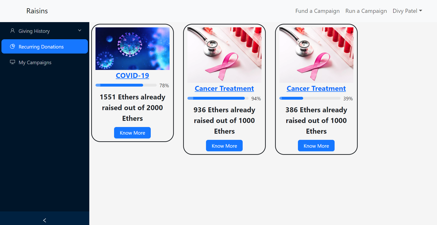 GitHub - divy9881/Raisins: Raisin(g)s - Blockchain Hackathon: Crowd Funding/Raising DApp