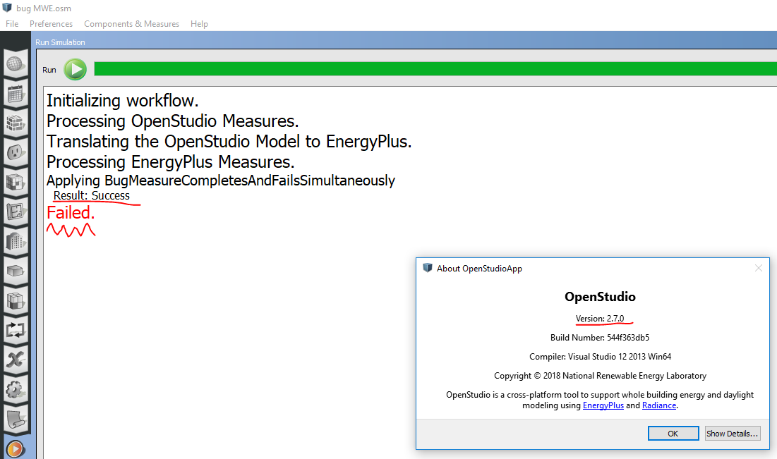 Openstudio 2.7.0 runs measure which simultaneously outputs "Result: Success" and "Failed ...