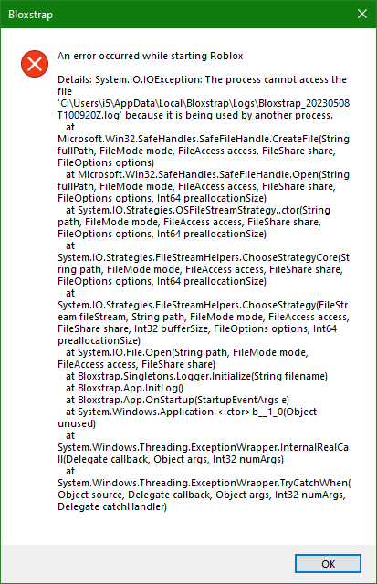 log file is still being used by "another" process · Issue #212 · bloxstraplabs/bloxstrap · GitHub