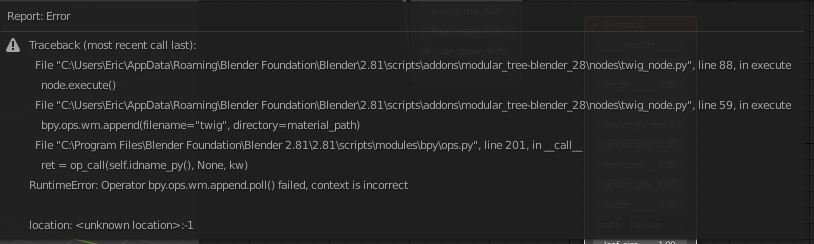 Error when execute Twig Node in Blender 2.81a · Issue #201 · MaximeHerpin/modular_tree · GitHub