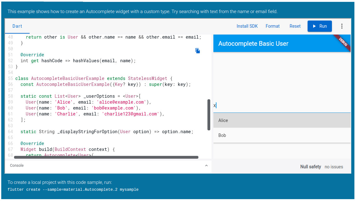Autocomplete example on Flutter API webpage is not working as expected · Issue #94057 · flutter ...