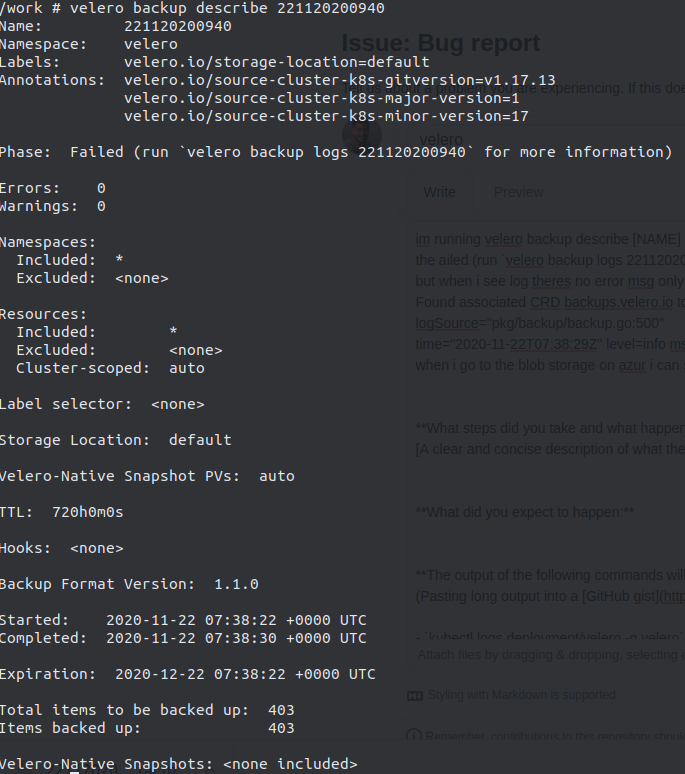 Velero phase is failed but taking backup. · Issue #3103 · vmware-tanzu/velero · GitHub