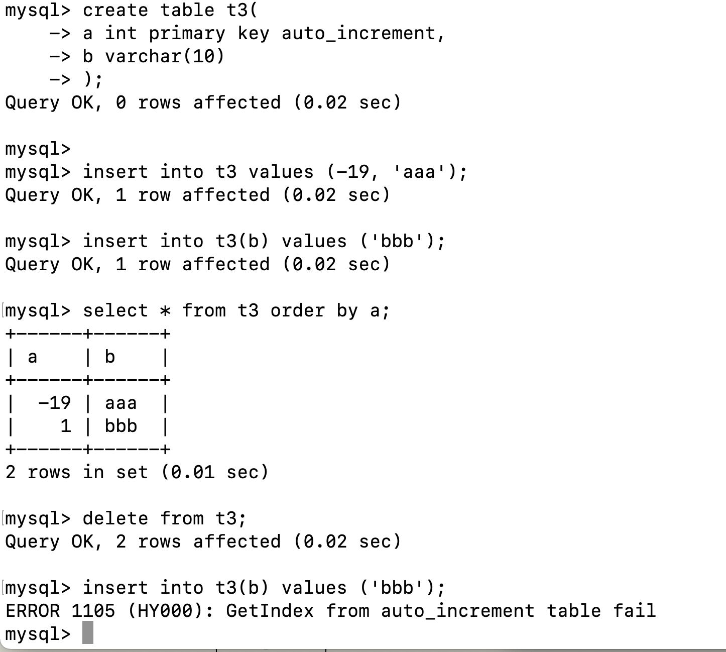[Bug]: auto_increment columns, delete from table. insert failed ...
