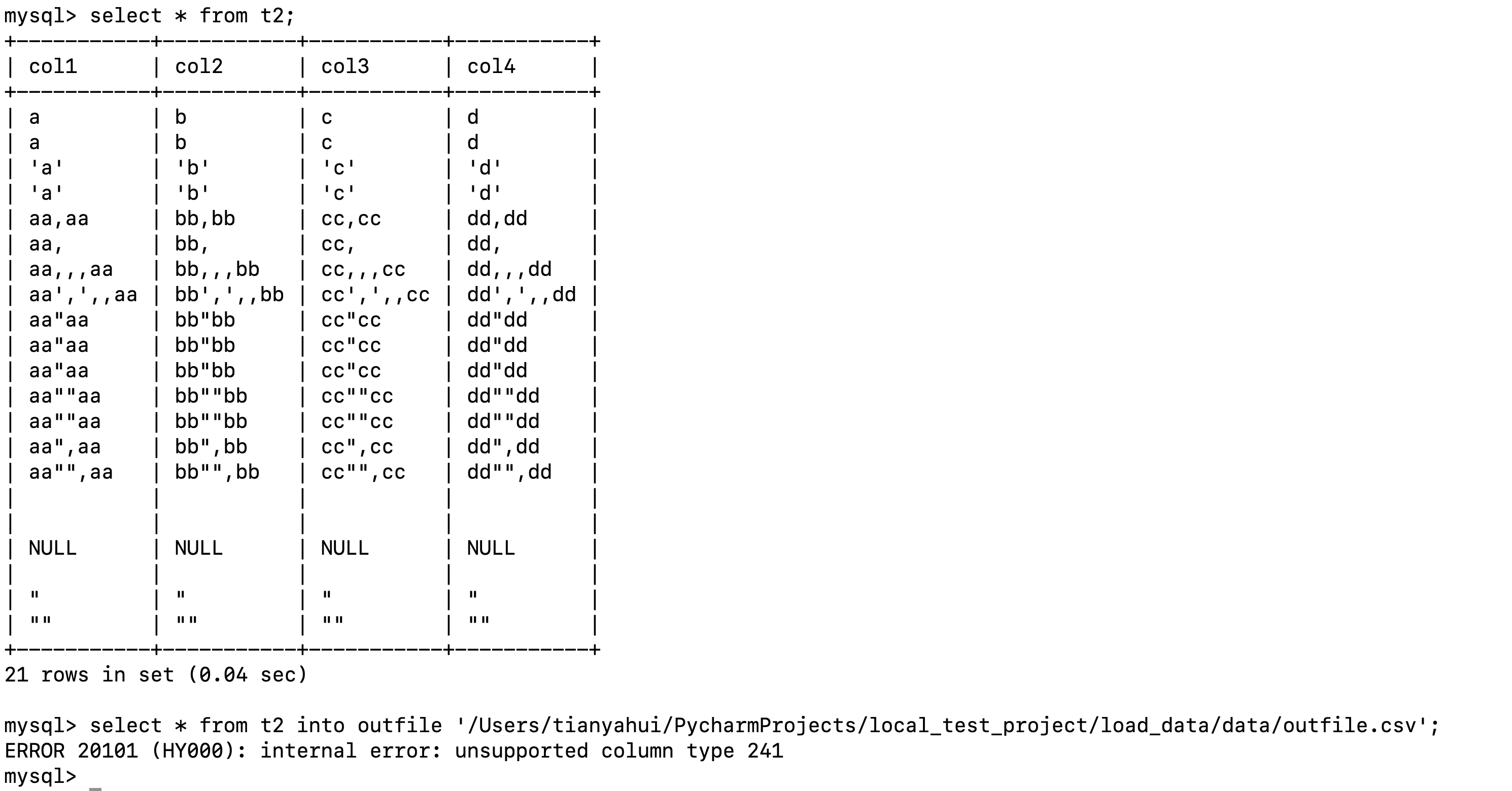 Bug Select From Table Into Outfile Csv Success Load Data Csv Into Table Failed · Issue