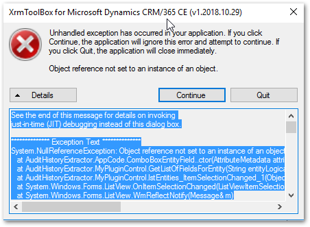 Error thrown when I click an item from the entity list (probably a compatibility issue with CRM ...
