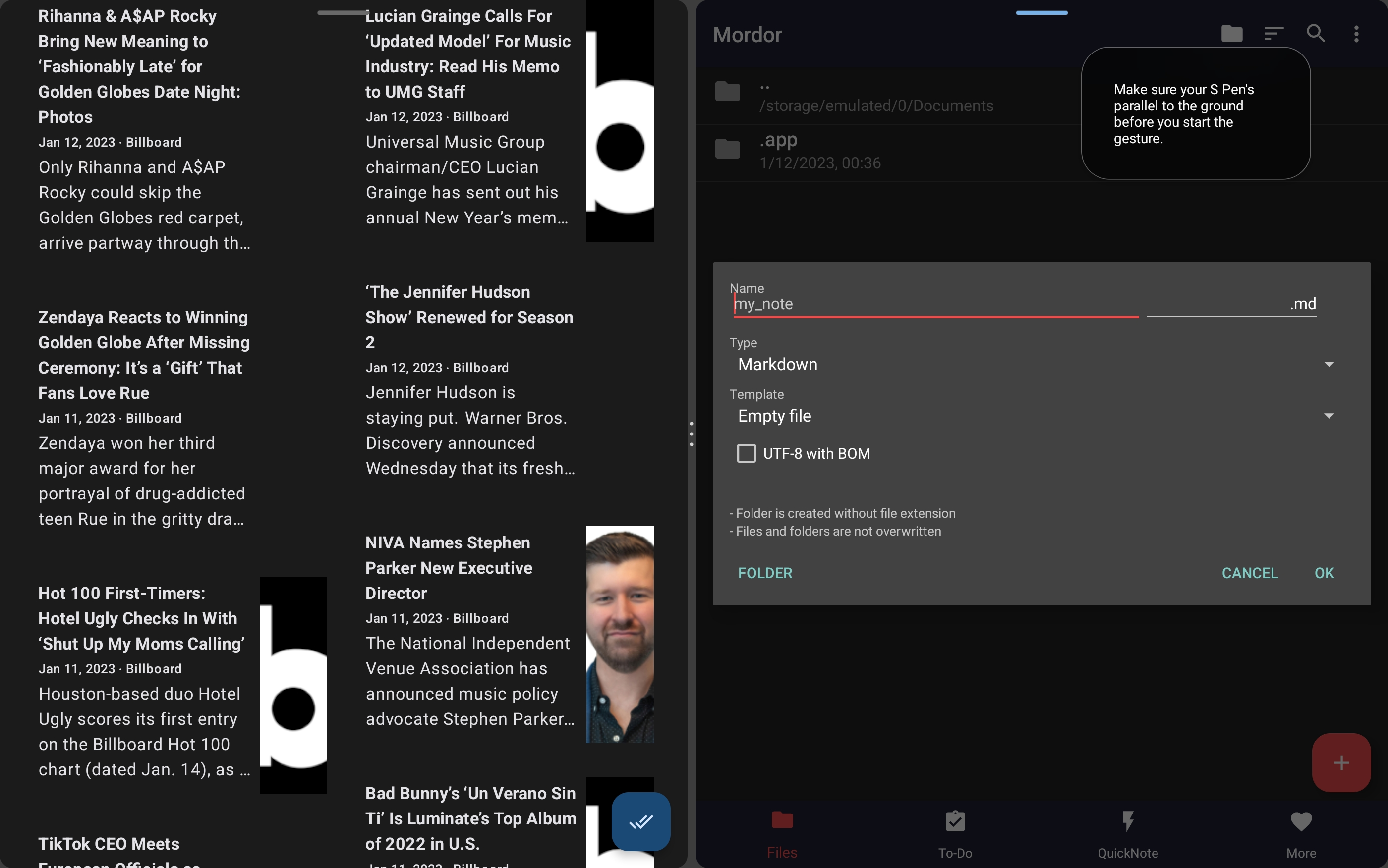 Add new markdown file will not work at split screen mode · Issue #1951 · gsantner/markor · GitHub
