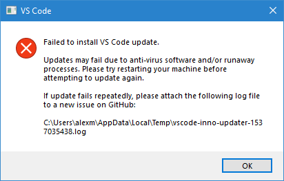 "Failed to install VS Code update" · Issue #58743 · microsoft/vscode ...